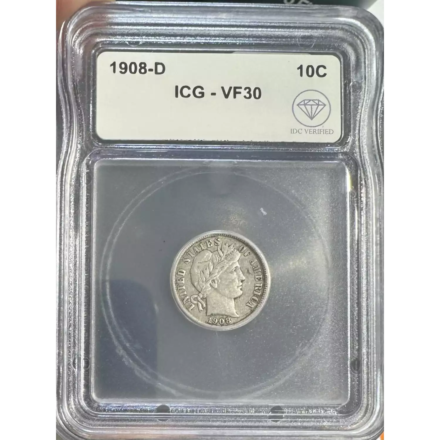1908-D Barber Dime ICG VF-30 IDC Verified - IDC COIN & BULLION