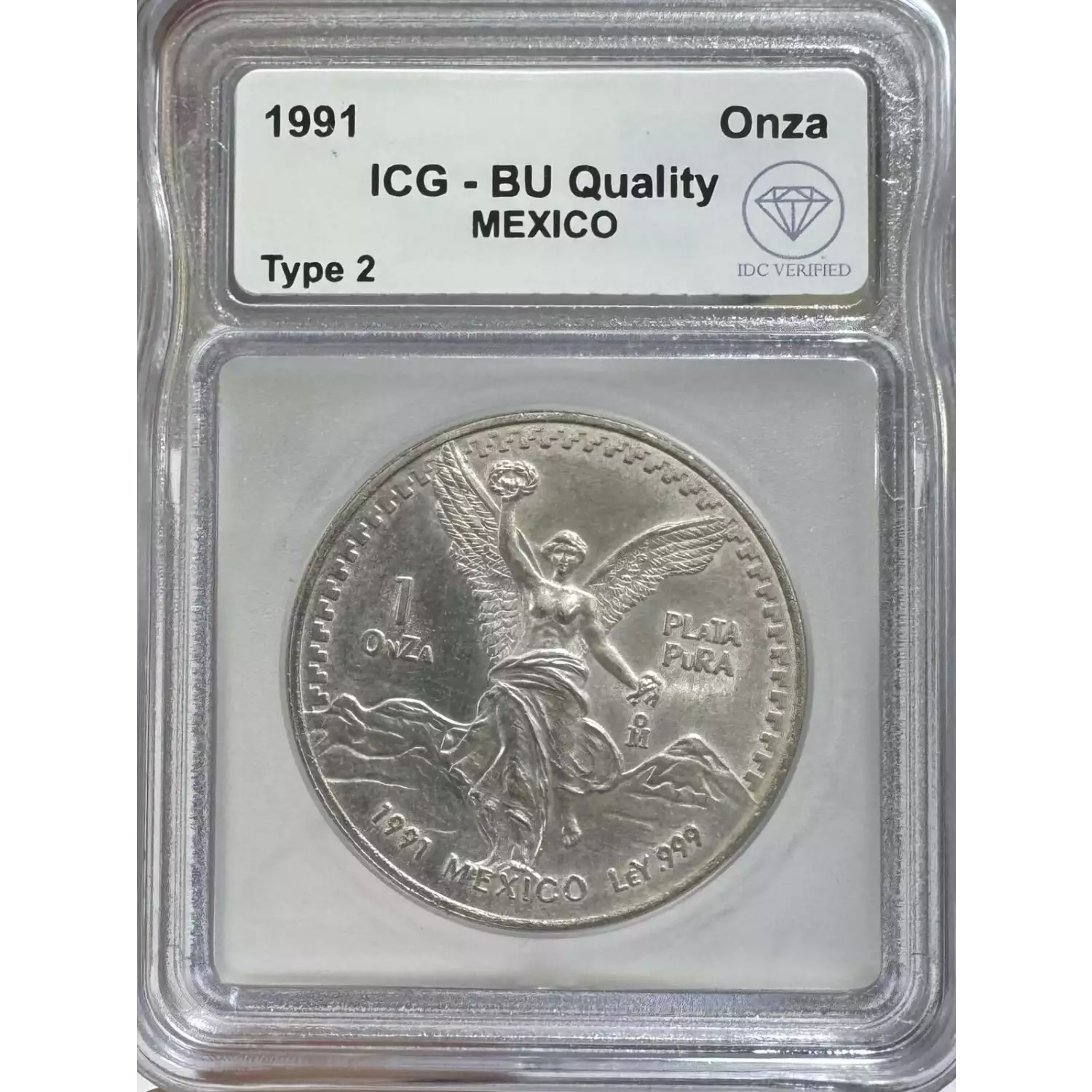 1991 Mexico 1 onza Silver Libertad ICG BU Quality Type 2 IDC Verified ...