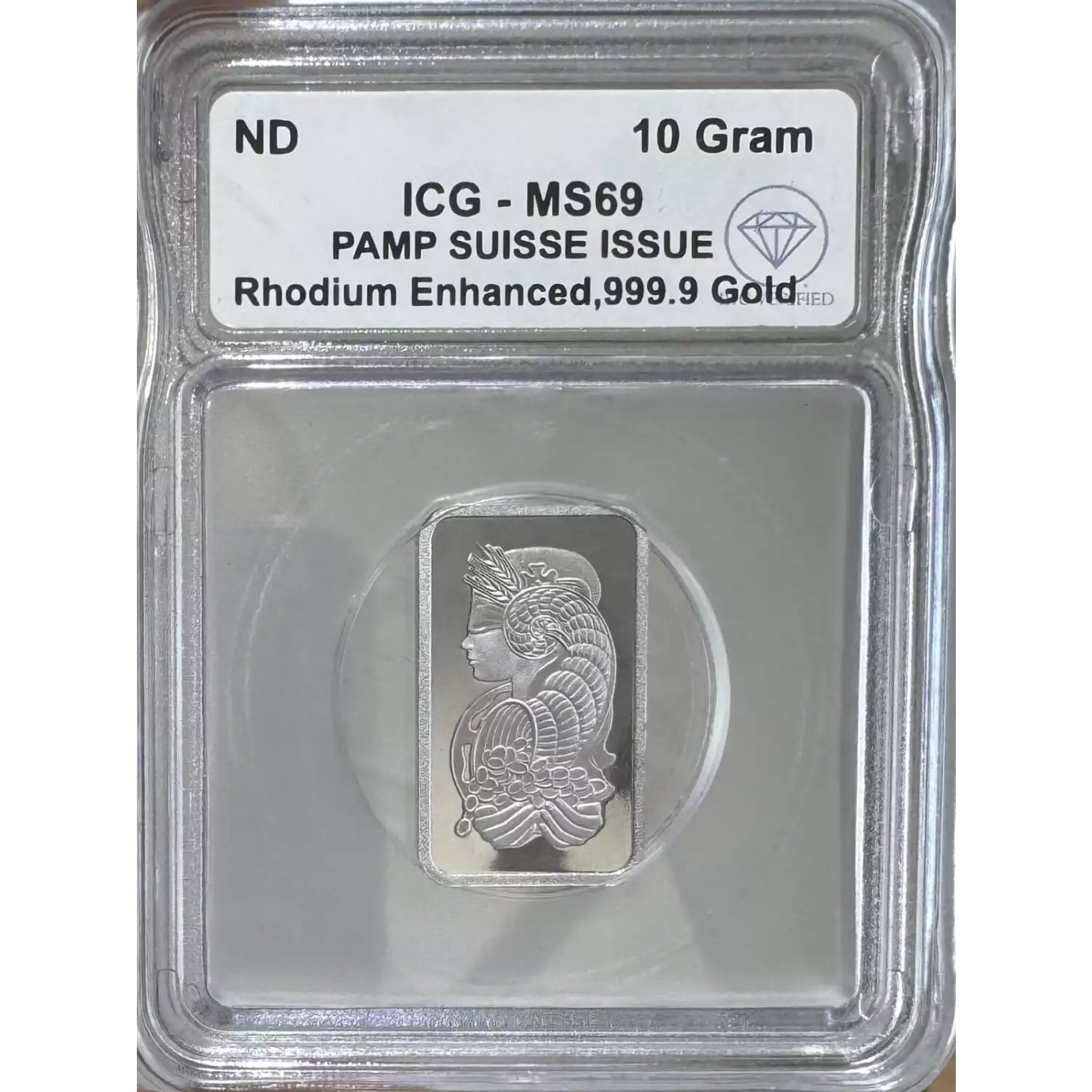 ND PAMP Suisse 10 Gram Rhodium Enhanced 999.9 Gold Bar ICG MS-69 IDC ...